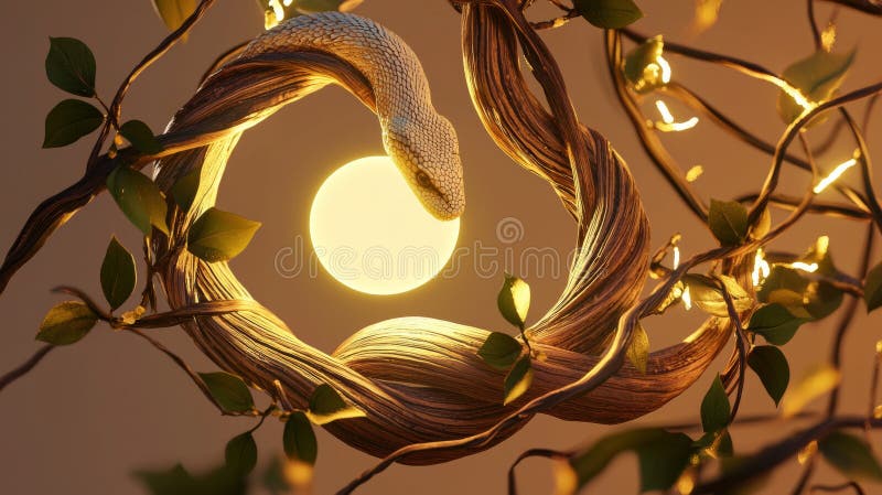 White Snake is Slithering on a Glowing Branch with the Setting Sun in ...