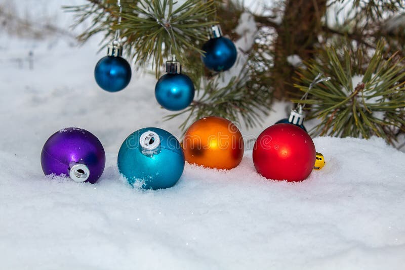 On White Snow. Color Balls-decorations Stock Photo - Image of celebrate ...