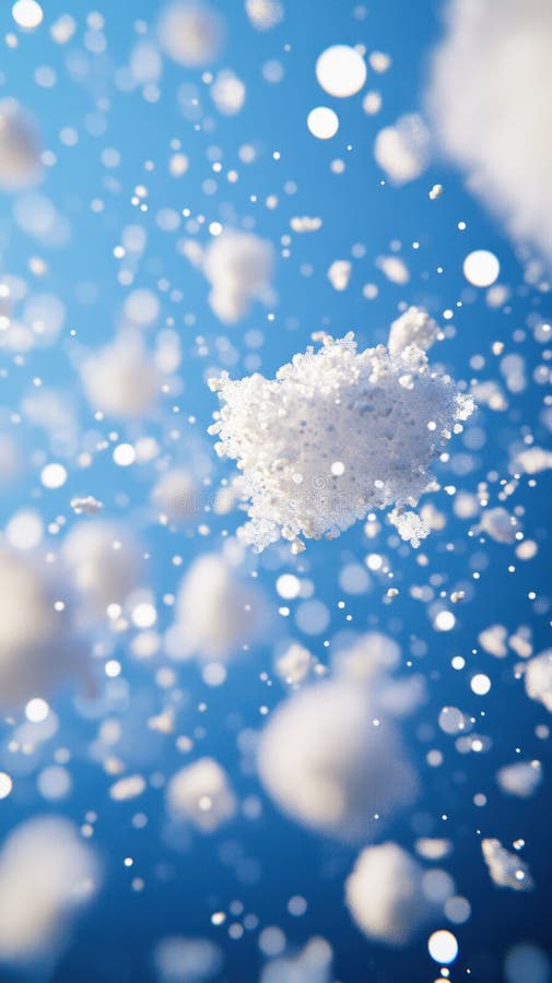 White Snow Particles Flying Against a Vibrant Blue Sky Stock Photo ...