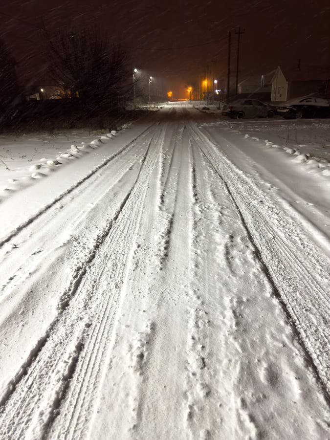 White Snow on the Road at Night Stock Photo - Image of white, grey ...
