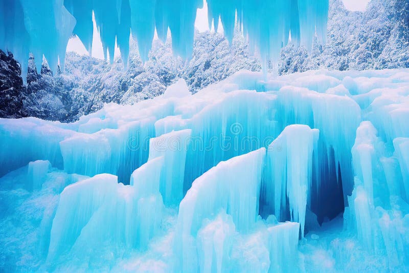 White Snow Stalactites and Icicles in Large Snow Ice Cave. Stock ...