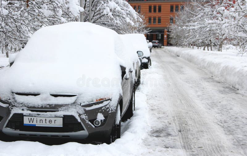 White Snow Winter Trees Cars Stock Photo - Image of white, snow: 52873392