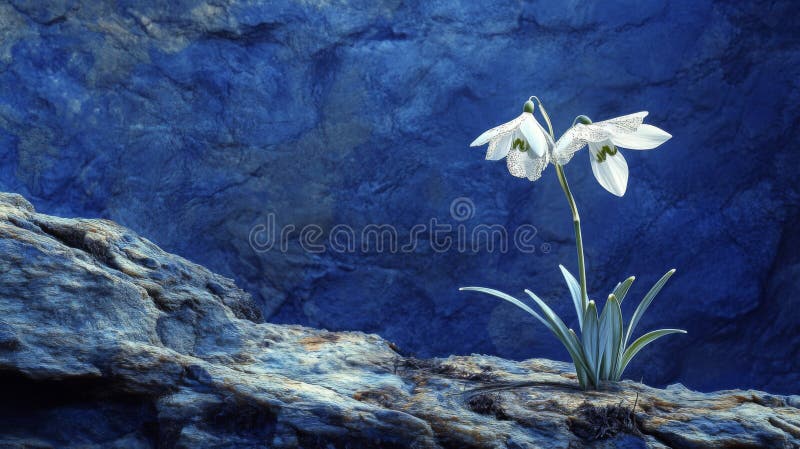 White Snowdrop Flower Blooming on Blue Rock Background Stock ...