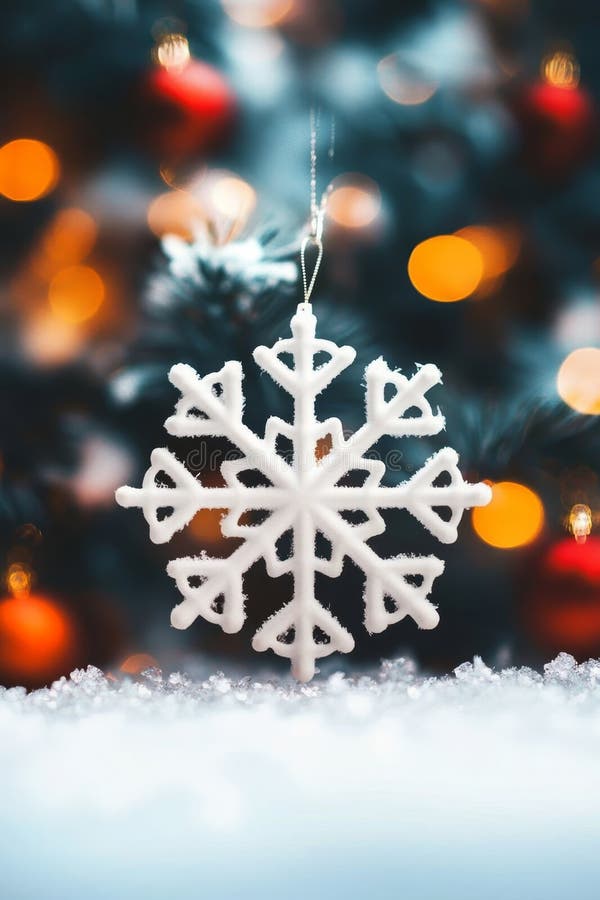 White Snowflake Ornament Against Festive Bokeh Lights Christmas Tree ...