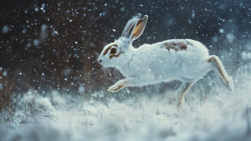White Snowshoe Hare Leaping through Falling Snow Stock Illustration ...