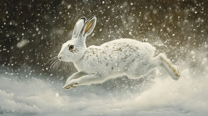 White Snowshoe Hare Leaping through Snowfall Stock Illustration ...