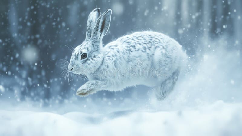 White Snowshoe Hare Leaping through Snowy Forest Stock Illustration ...