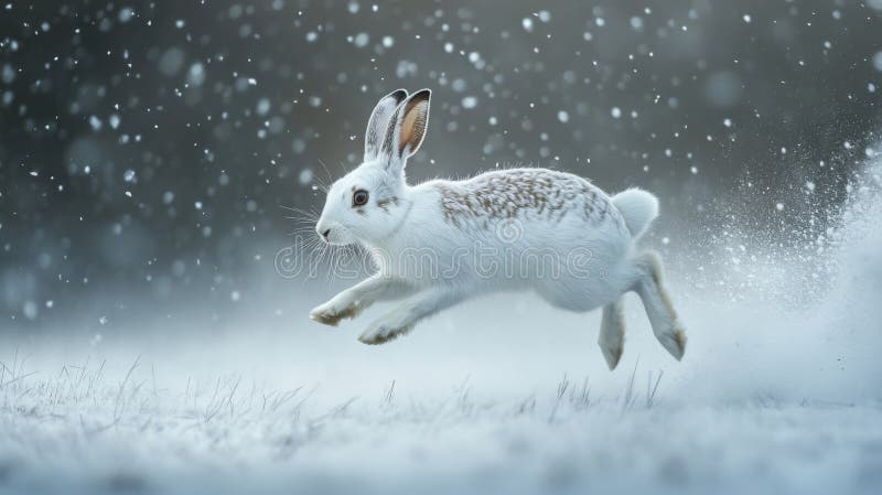 A White Snowshoe Hare Leaping through a Snowy Landscape Stock ...