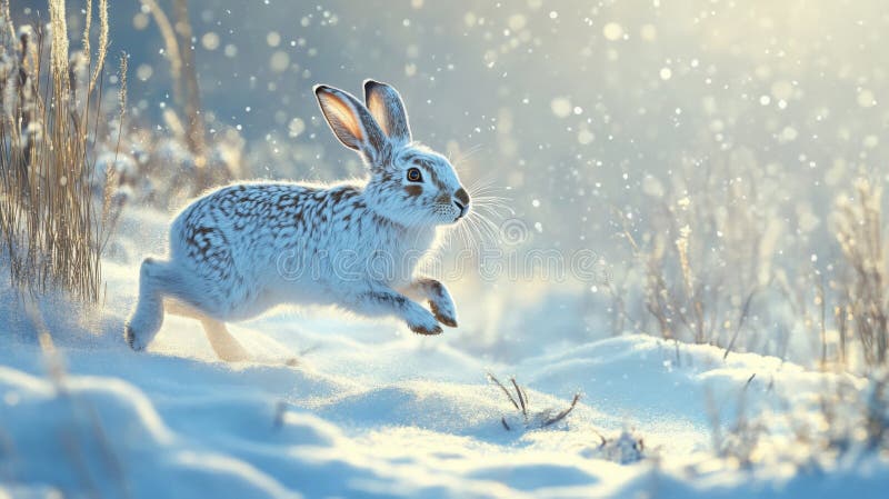 White Snowshoe Hare Leaping through Snowy Landscape Stock Illustration ...
