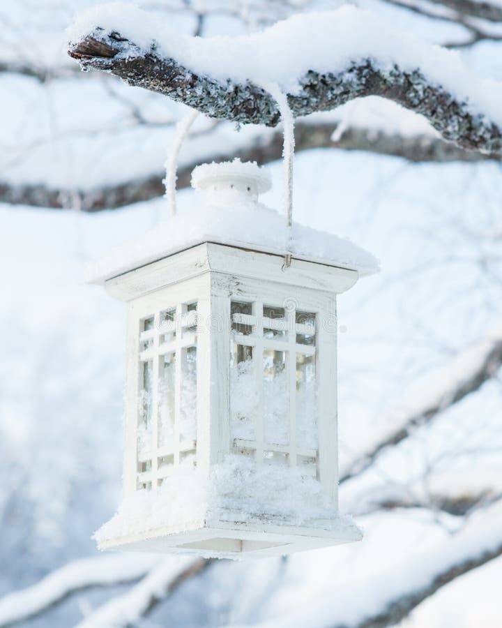 Snowy Lantern with Fir Branches and Baubles Stock Photo - Image of ...