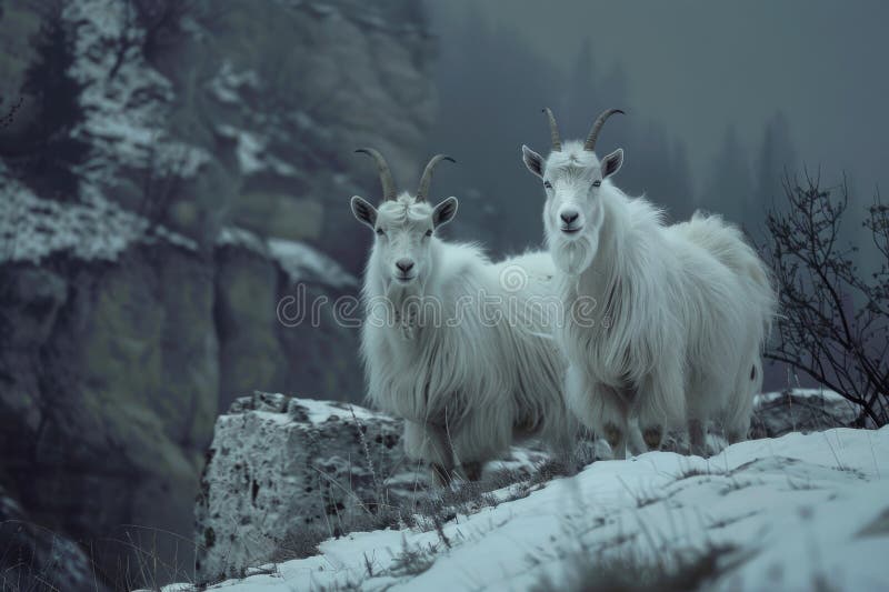 White Snowy Mountain Goats on Snow Covered Slopes. Mountain Goats on a ...