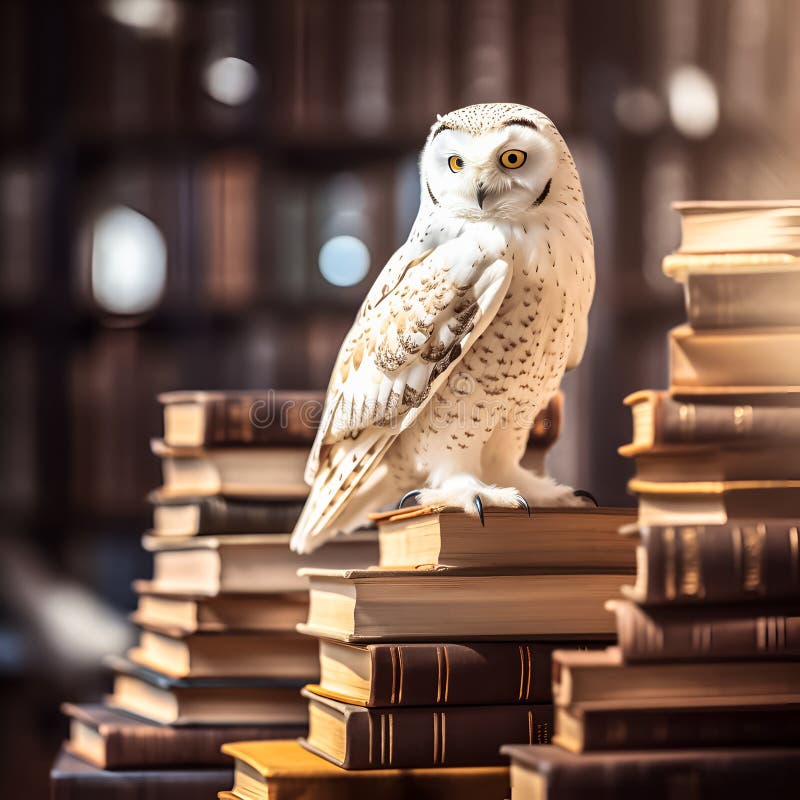 White Snowy Owl Sitting on Books in a Library Background. AI Generative ...