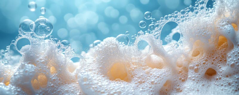 White Soap Suds Creating Bubbles on Blurred Blue Background Stock ...