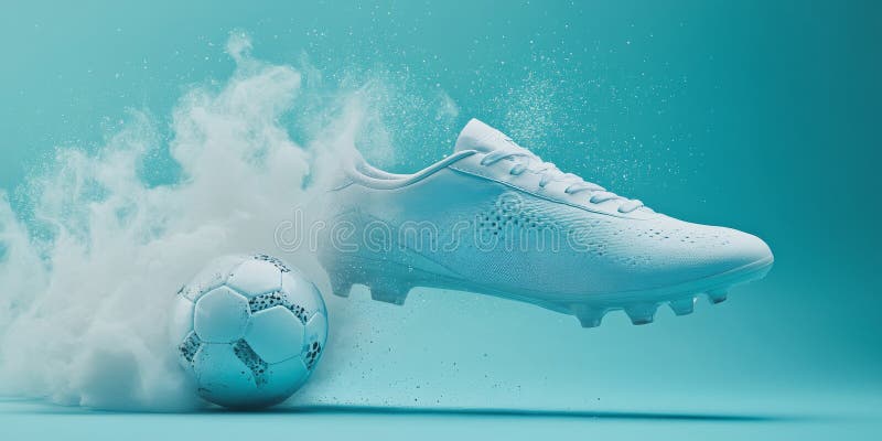 White Soccer Boot Striking a Ball on a Vibrant Turquoise Background ...