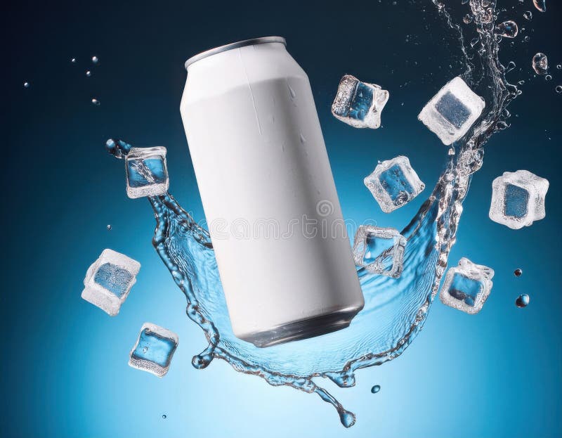 White Soda Can Floating with Ice Cubes and Water Splash Effect Stock ...