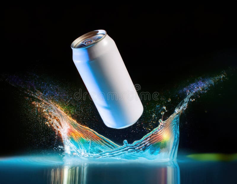 Floating Soda Can with Water Splash and Prism Light Effect Stock ...