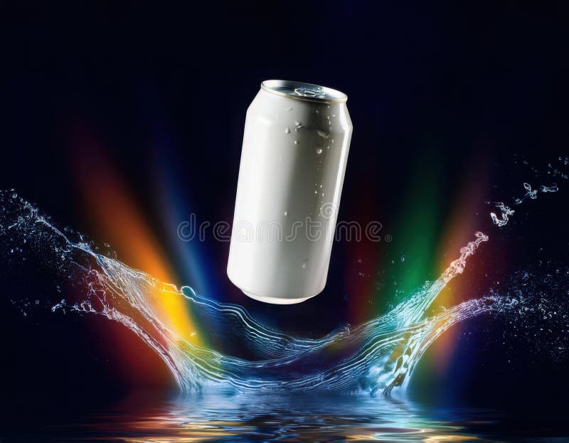 Prism Reflections on Water Splash with Floating White Soda Can Stock ...
