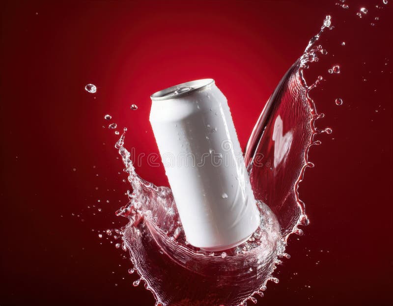 Floating White Soda Can with Water Splash and Red Backdrop Stock ...