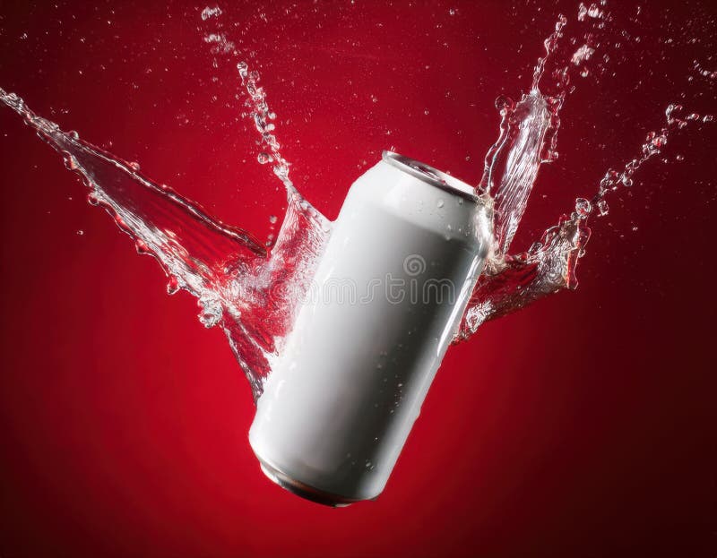 Soda Can Hovering with Water Splash on a Crimson Red Background Stock ...