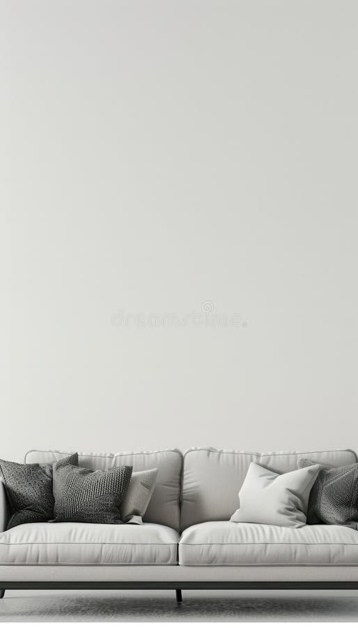 A White Sofa with Black and White Patterned Pillows Sits in Front of a ... A White Sofa with Black and White Patterned Pillows Sits in Front of a ...