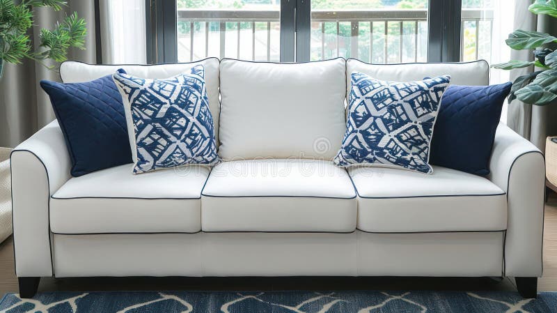 White Sofa with Blue Patterned Pillows in a Modern Living Room Stock ...