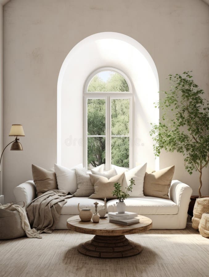 White Sofa in Boho Style Room with Arched Window and Stucco Walls ...