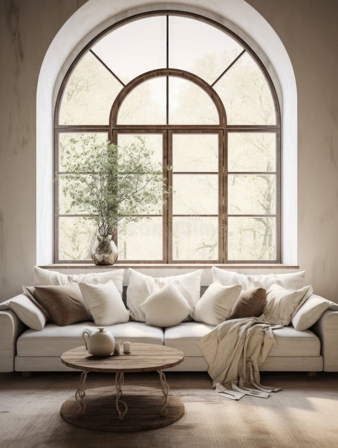 White Sofa in Boho Style Room with Arched Window and Stucco Walls ...