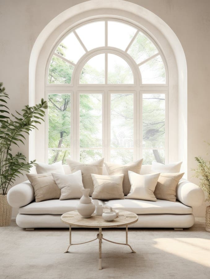White Sofa in Boho Style Room with Arched Window and Stucco Walls ...