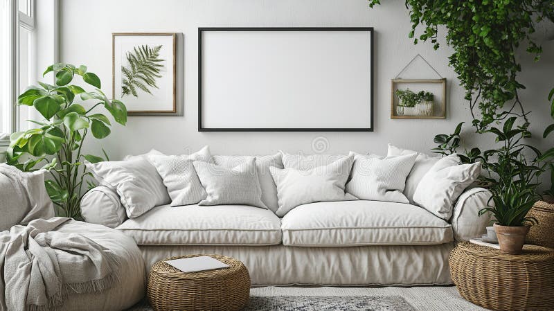 White Sofa in a Bright Living Room with Plants, Frames, and Natural ...