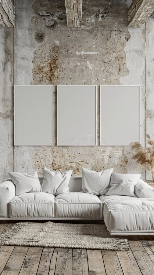 A White Sofa and Chair Sit in Front of a Distressed Brick Wall with ...