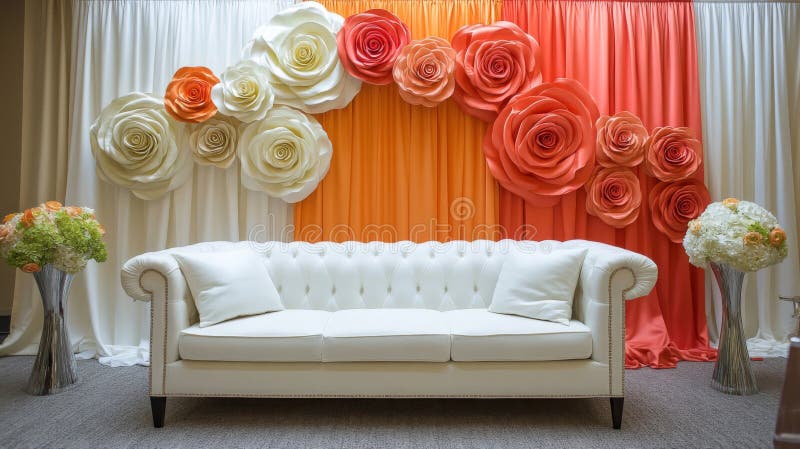 White Sofa Decorated with Large Paper Roses Stock Illustration ...