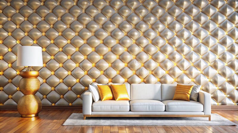 A White Sofa with Gold Pillows Sits in Front of a Gold Tufted Wall ...
