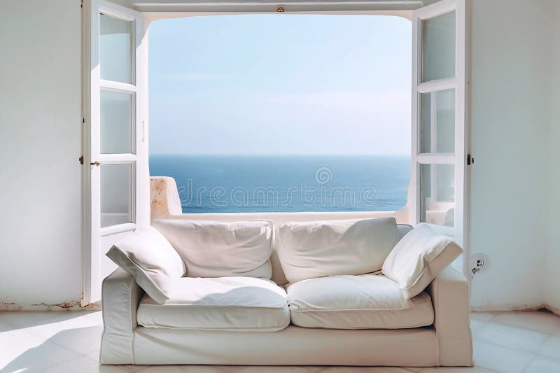 White Sofa in a White Interior with Sea Views. Generative AI Stock ...