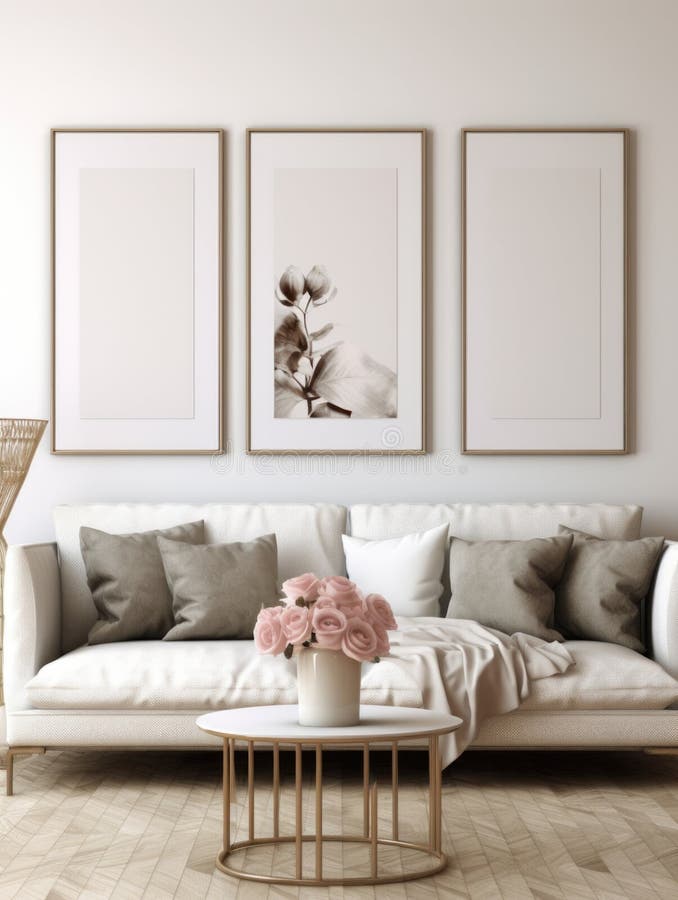 White Sofa and Posters, Frames on Wall. Interior Design of Modern ...
