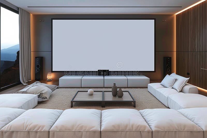 White Sofa, Table, and Big Screen TV in Mini Home Theater Stock ...