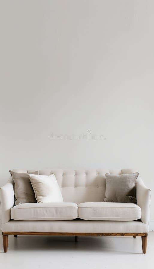 A White Sofa with Three Pillows Sits in Front of a White Wall ...
