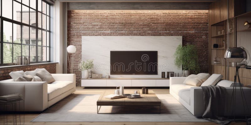 White Sofa and Tv Unit. Interior Design of Loft Living Room Stock ...