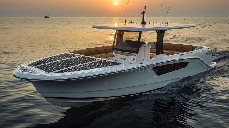 White Solar Powered Boat Sailing on the Ocean at Sunset Stock Photo ...