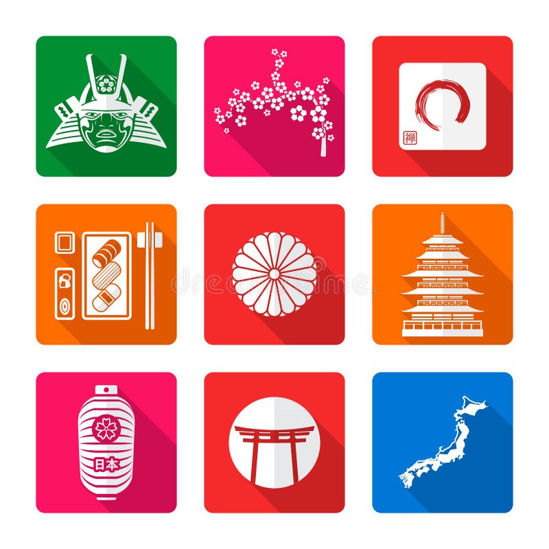 White Solid Flat Style Japanese Icons Set Stock Vector - Illustration ...