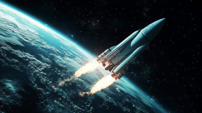 A White Spacecraft Blasts Off into Space, Leaving Earth Behind Stock ...