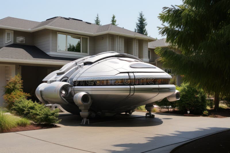 A White Spaceship in Front of a House Stock Illustration - Illustration ...