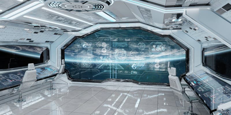 White Spaceship Interior with Control Panel Digital Screens 3D R Stock ...