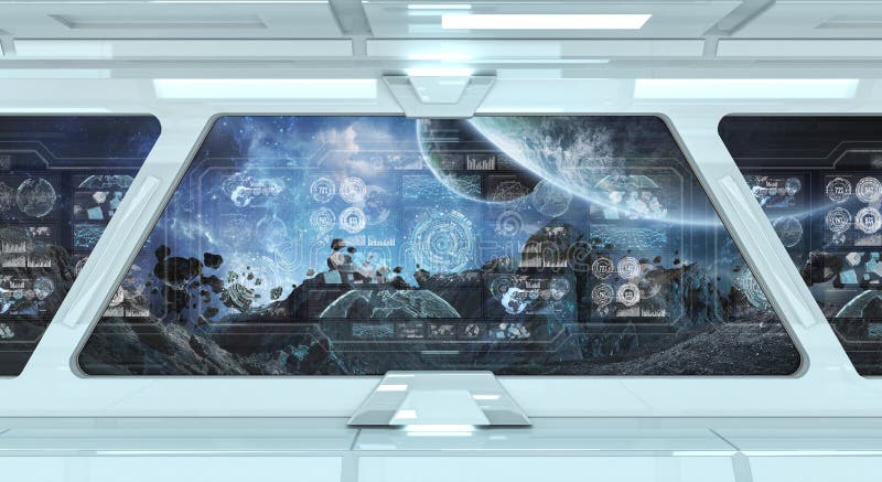 White Spaceship Interior with Control Panel Digital Screens 3D R Stock ...