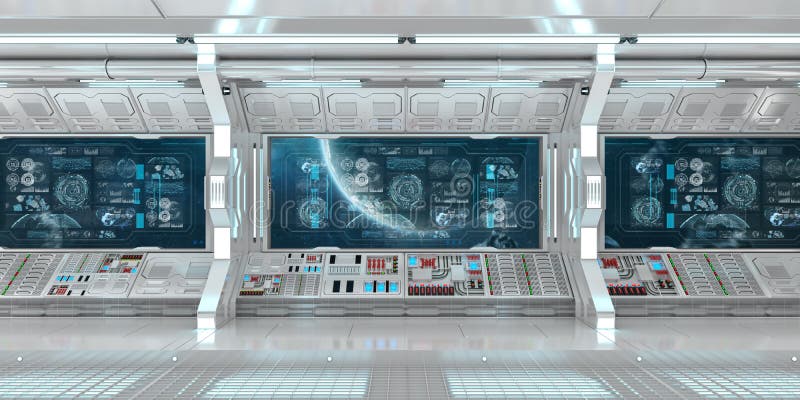 White Spaceship Interior with Control Panel Digital Screens 3D R Stock ...