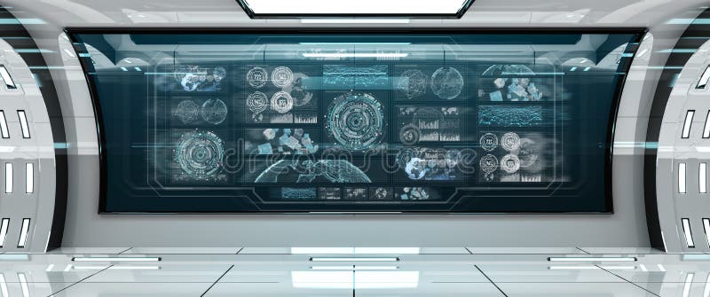 White Spaceship Interior with Control Panel Digital Screens 3D ...