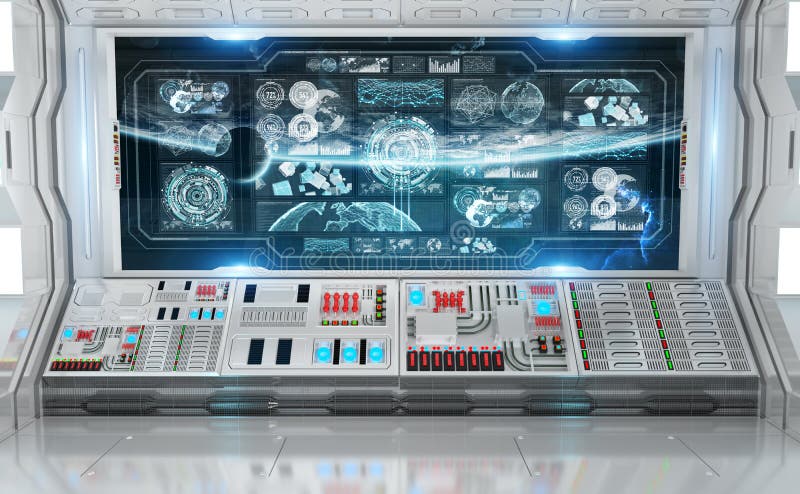 White Spaceship Interior with Control Panel Digital Screens 3D ...