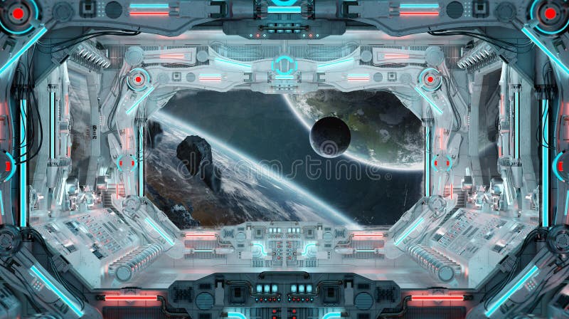 White Spaceship Interior with Glowing Blue and Red Lights. Futuristic ...