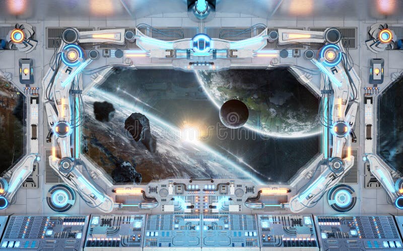 White Spaceship Interior with Glowing Blue and Red Lights. Futuristic ...