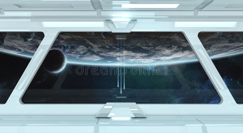 White Spaceship Interior with Large Window View 3D Rendering Stock ...