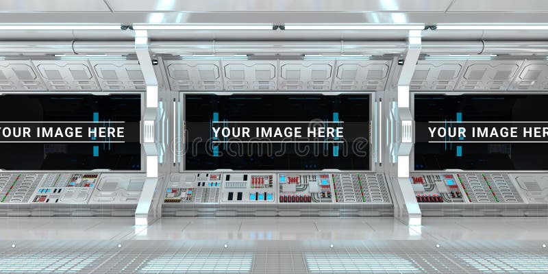 White Spaceship Interior with Large Window View 3D Rendering Stock ...